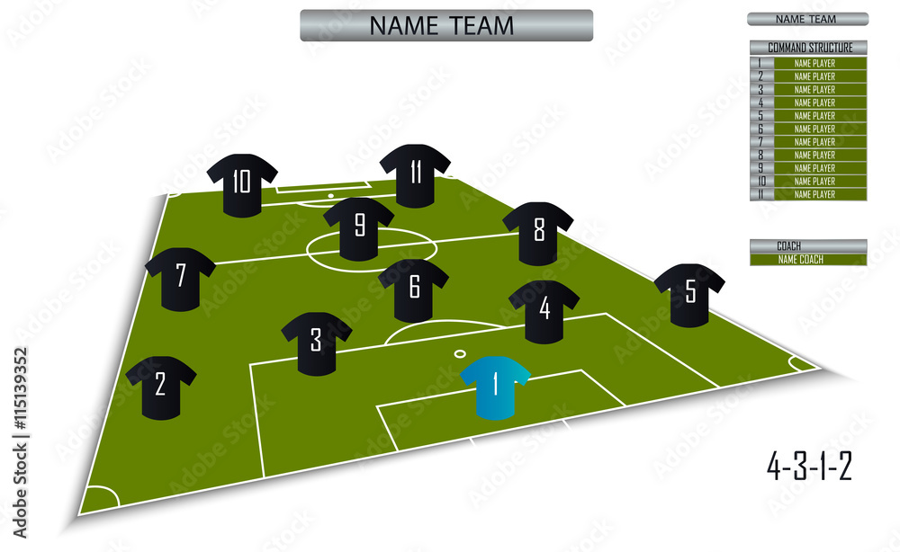 Vector soccer field with the arrangement of players and staff in the ...