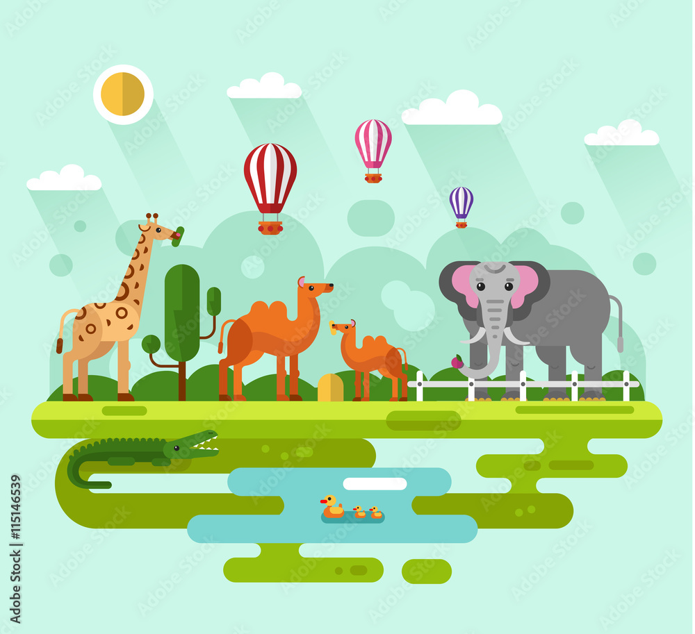 Flat design vector illustration of animals in the Zoo, infographics ...