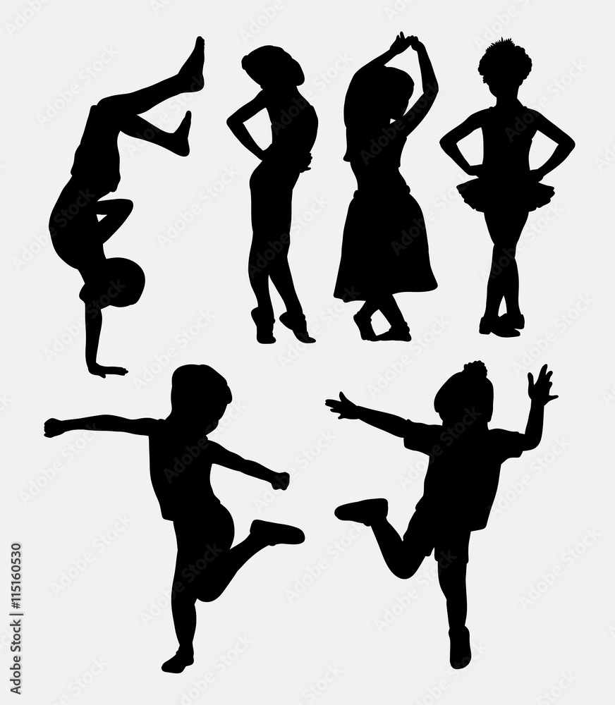 Children dancing silhouette. Male and female kid activity. Good use for ...