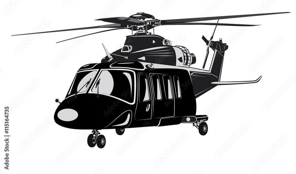 Simplified black and white image of a helicopter on a white background ...