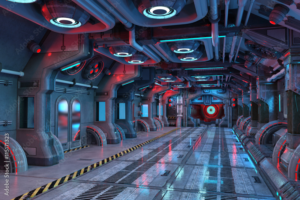 3d illustration of sci-fi cryogenic freezer farm corridor interior ...