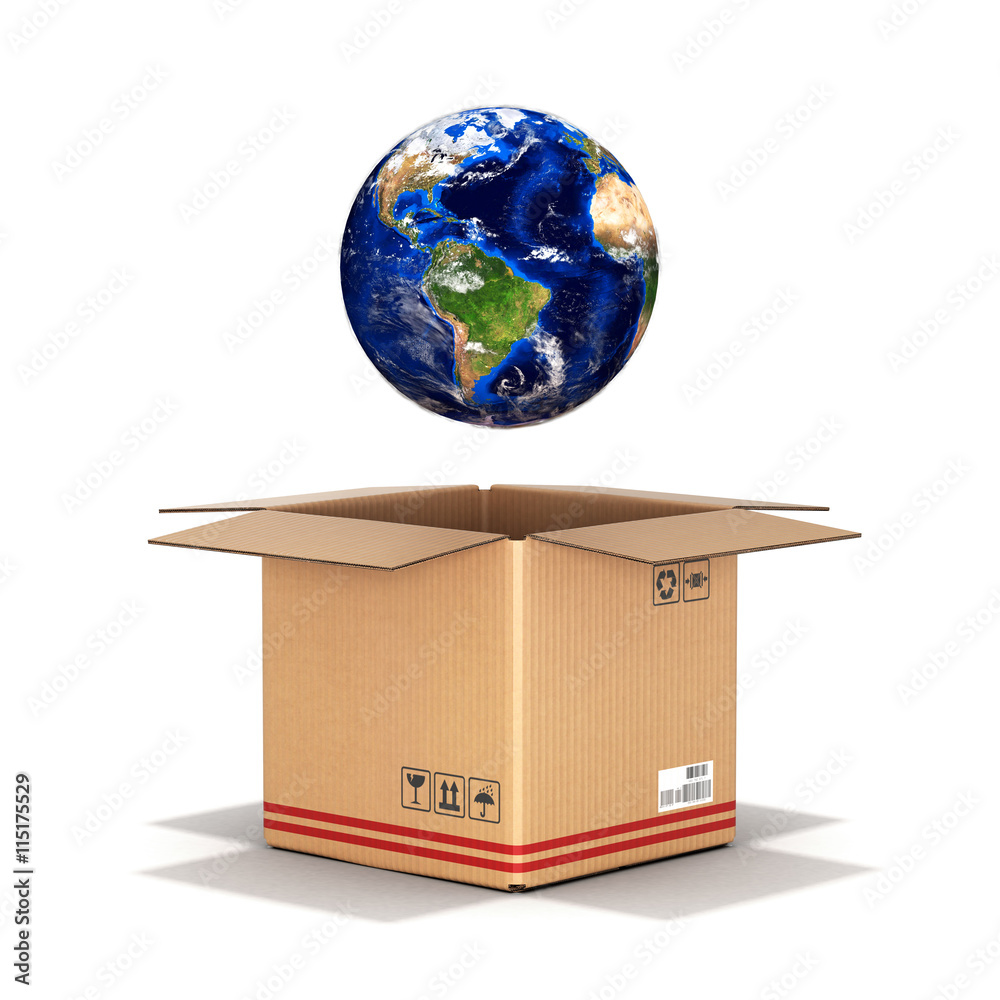 packaging planet Earth in a cardboard box 3d illustration Stock Photo ...