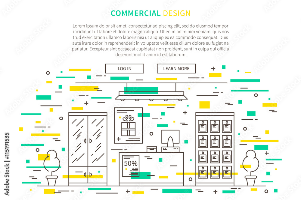 Commercial interior design linear vector illustration. Line graphic ...