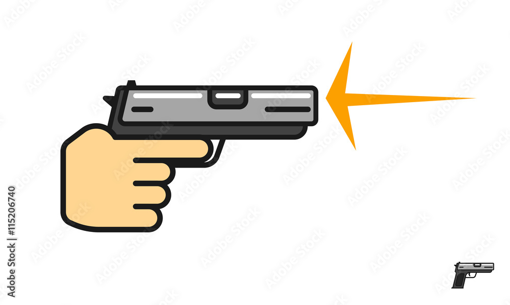 Hand holding gun shooting vector illustration, shot flash, shooting ...