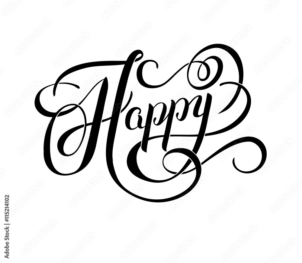 black and white Happy hand written word, brush calligraphy Stock Vector ...