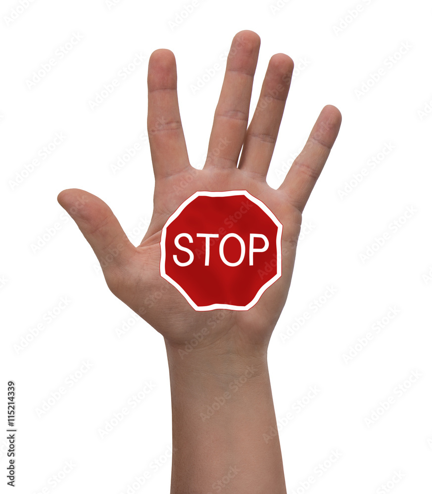Hand raised with stop sign - isolated on white Stock Photo | Adobe Stock