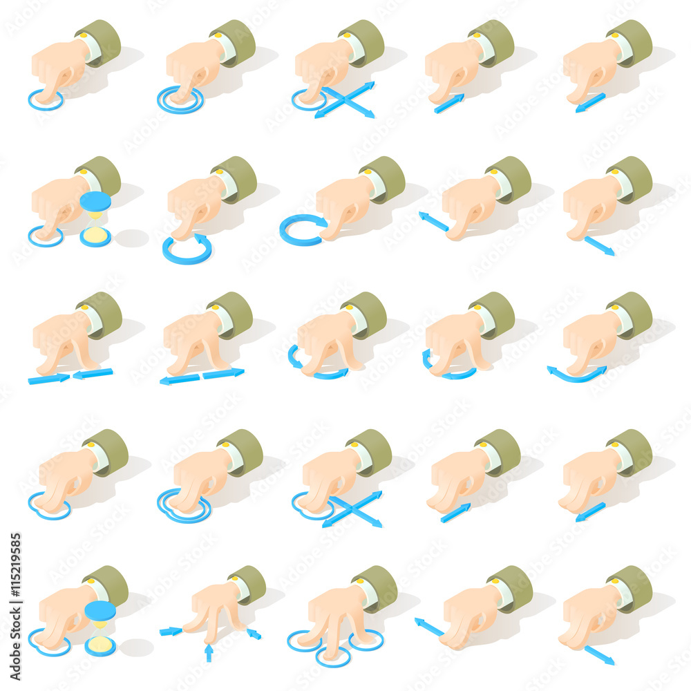 Set of 25 vector multitouch screen gestures icons in 3d isometri Stock ...