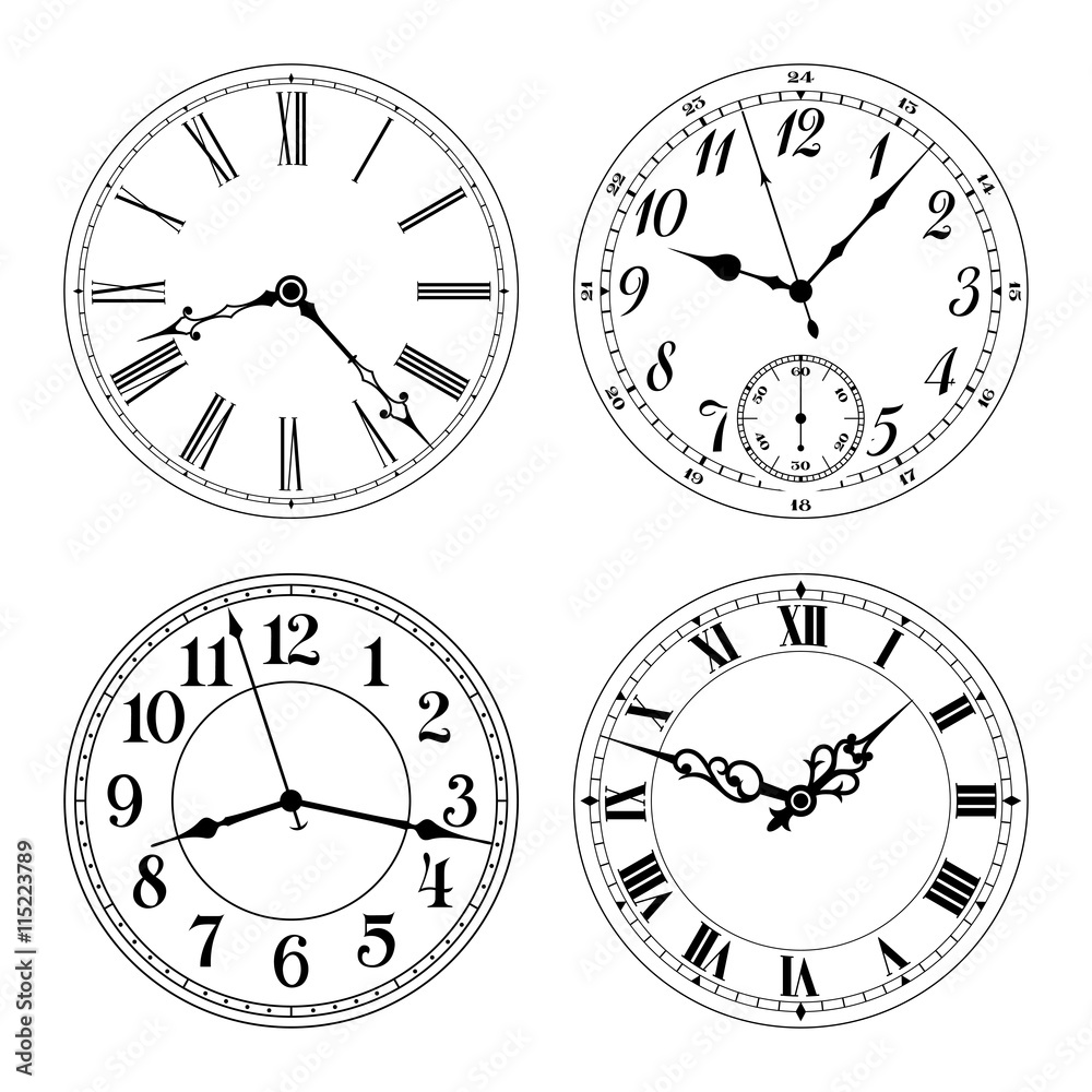 Editable vector clock faces. Arabic and roman numerals. Round shape ...