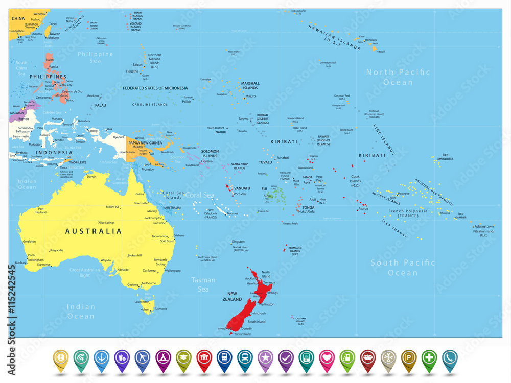 Australia and Oceania detailed political map and navigation icon Stock ...