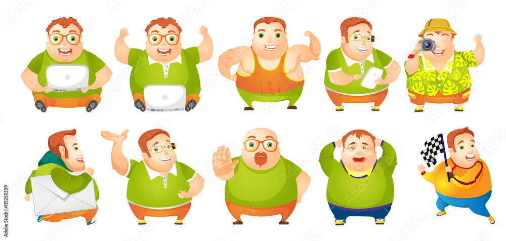 Vector set of cheerful fat man illustrations. Stock Vector | Adobe Stock