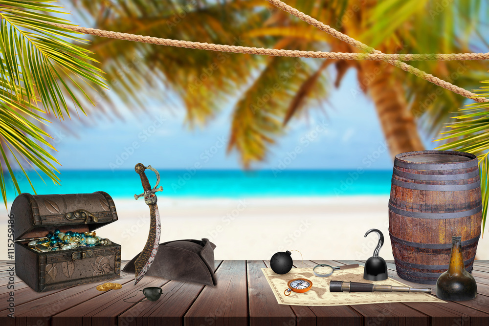 Pirate table with treasure, map, rum, compass, knife. Palm tree, beach ...