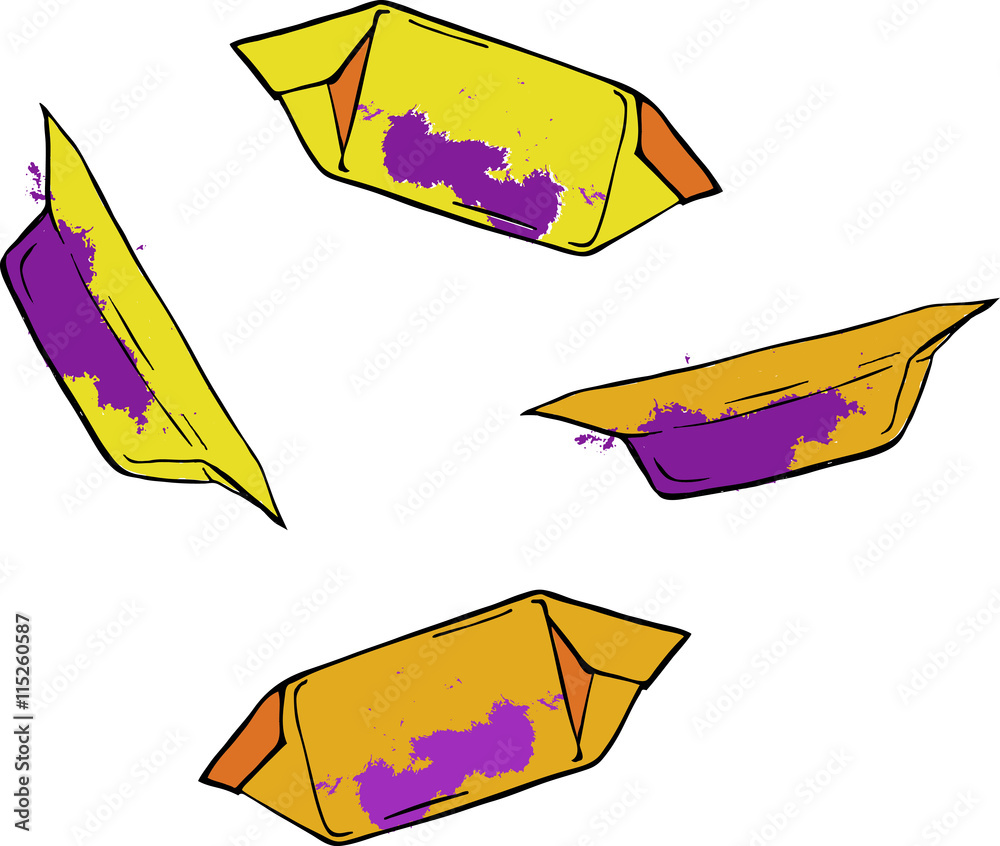 Set of wrapped sweets or candies. Cartoon sketch drawn by ink. Hand ...