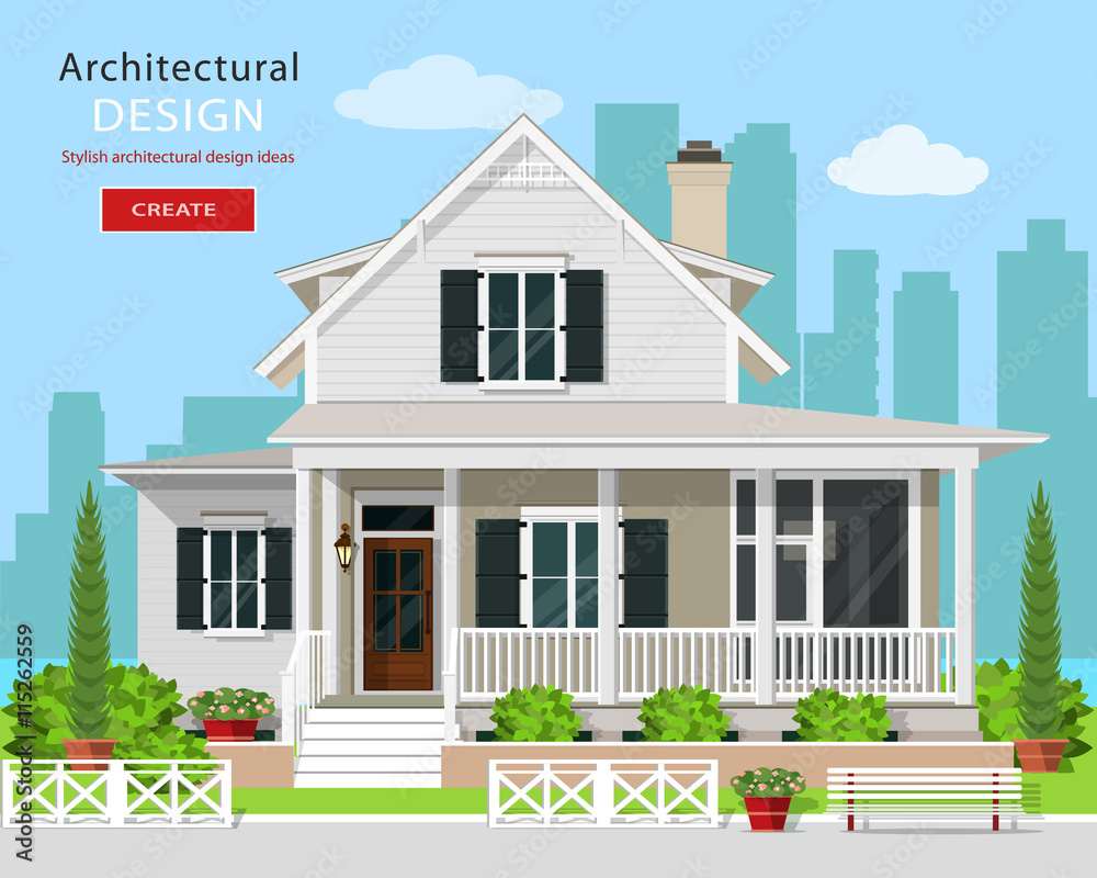 Cute modern graphic cottage house with trees, flowers, bench and city ...
