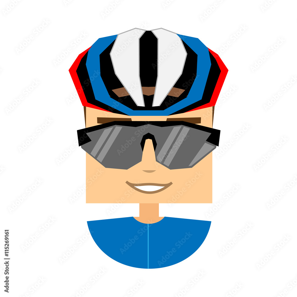 Cyclist with tricolore cycling helmet and black sunglasses. Flat style ...