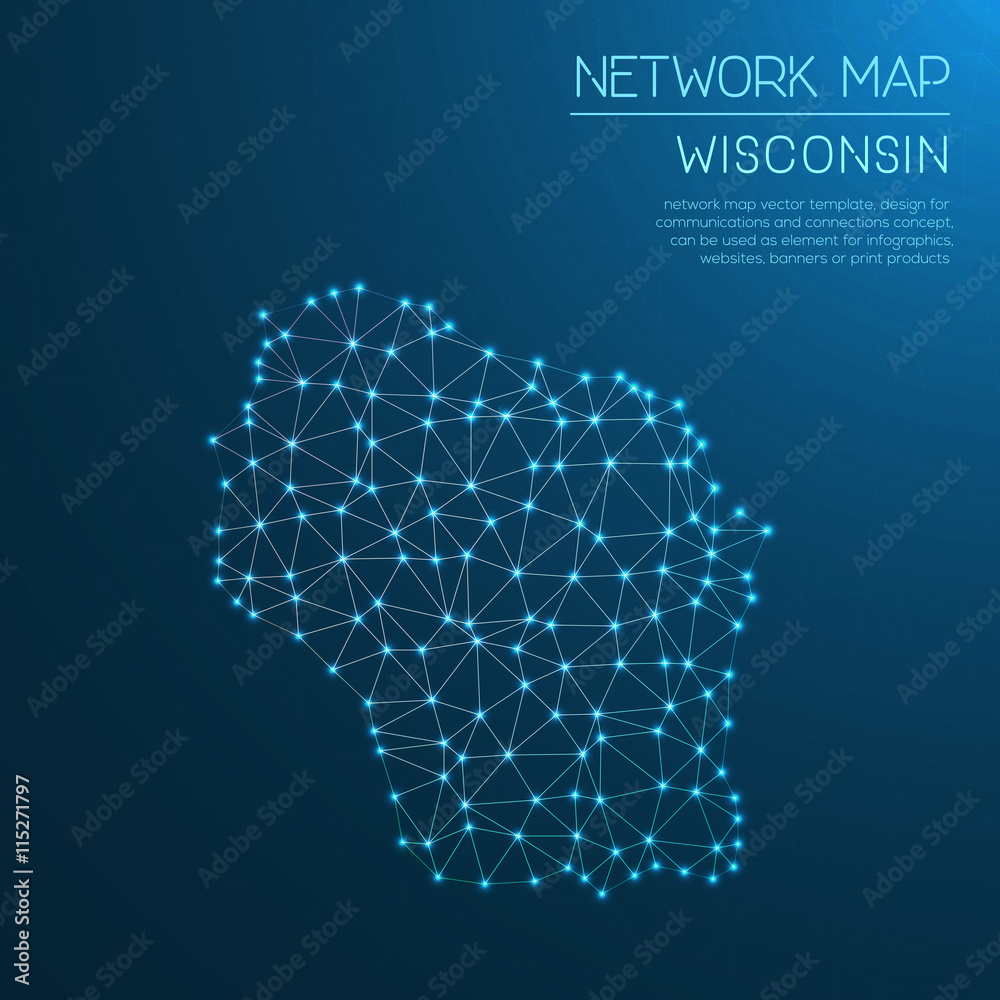 Wisconsin network map. Abstract polygonal US state map design. Internet ...