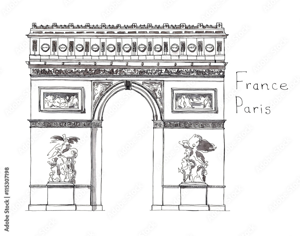 Watercolor Hand drawn architecture sketch of Arc de Triomphe ...