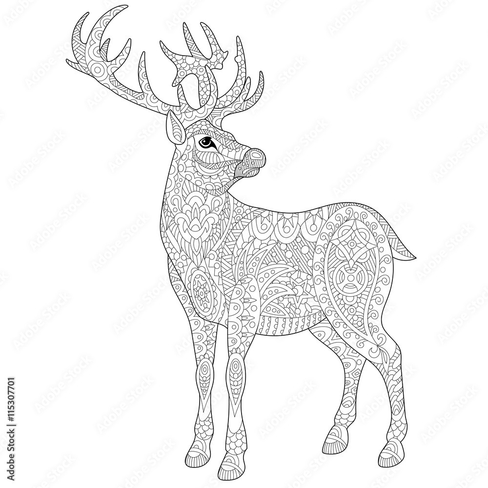Zentangle stylized cartoon deer (stag, christmas reindeer). Hand drawn ...