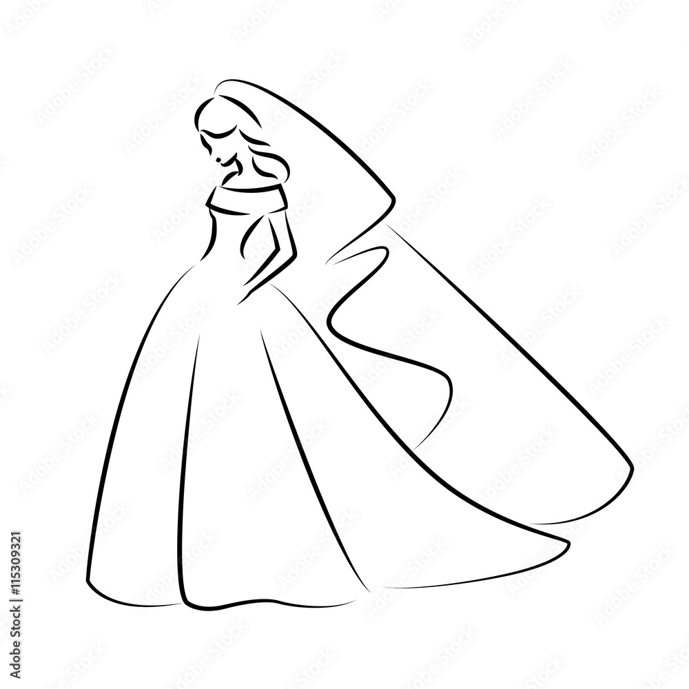 Abstract outline illustration of a young elegant bride in weddin Stock ...