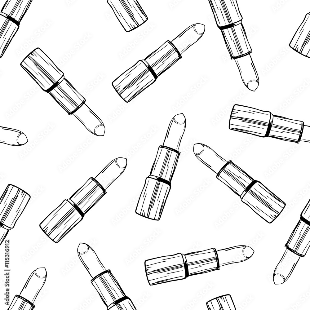 Vector seamless monochrome pattern with hand drawn lipsticks. Doodle cosmetics and beauty ...