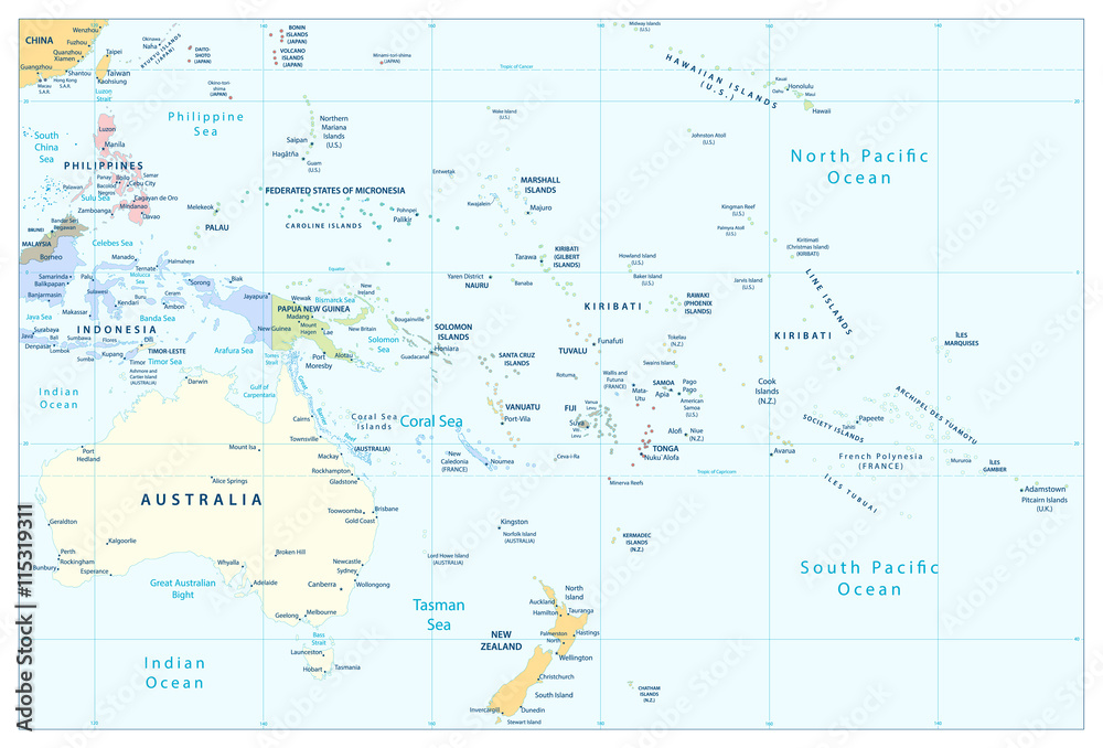 Australia and Oceania detailed political map Stock Vector | Adobe Stock