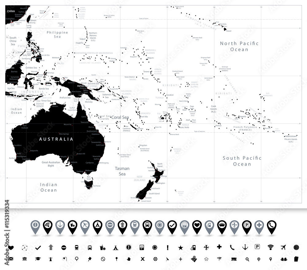 Australia and Oceania detailed black color map and map pointers Stock ...