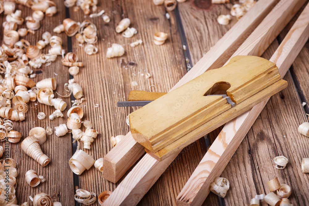 Wooden plane and building materials Stock Photo | Adobe Stock