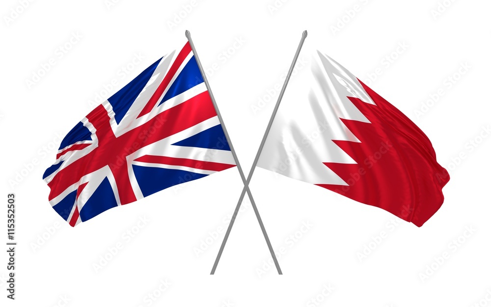 3d illustration of UK and Bahrain flags together waving in the wind ...
