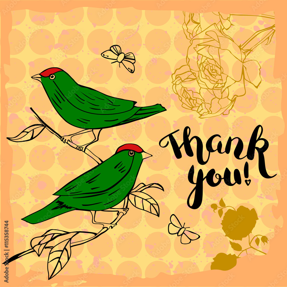 Vector 'Thank you' card with birds, roses and butterflies Stock Vector ...