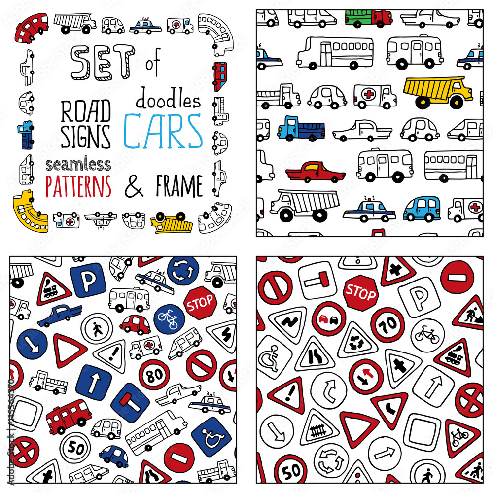 Vector set of doodles road signs and cars. Stock Vector | Adobe Stock