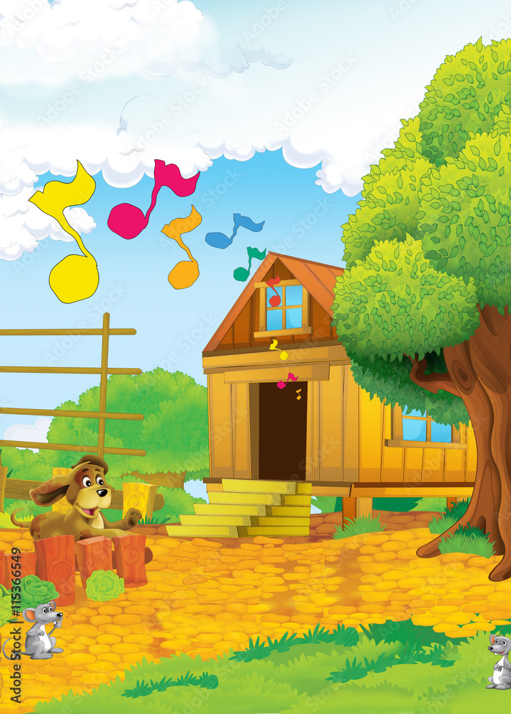 Cartoon happy farm scene - some farm backyard - dog and mouse - farm ...