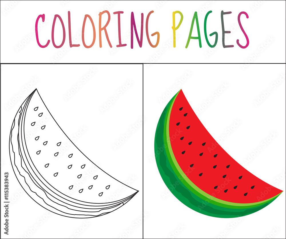 Coloring book page. Watermelon. Sketch and color version. Coloring for ...