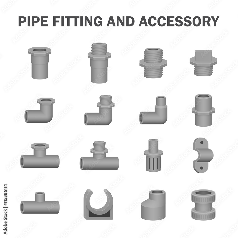 PVC or plastic pipe fitting vector icon. Include straight, nipple ...