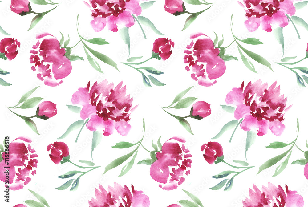 Watercolor seamless pink peonies pattern Stock Illustration | Adobe Stock