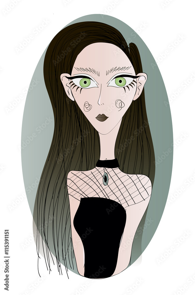 Cartoon Goth Girl with big Green eyes Stock Illustration | Adobe Stock