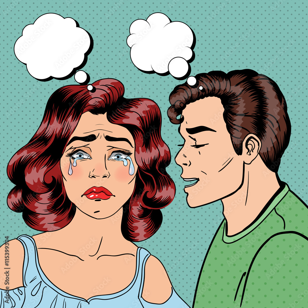 Man Whispering Something to his Crying Girlfriend. Pop Art. Vector ...