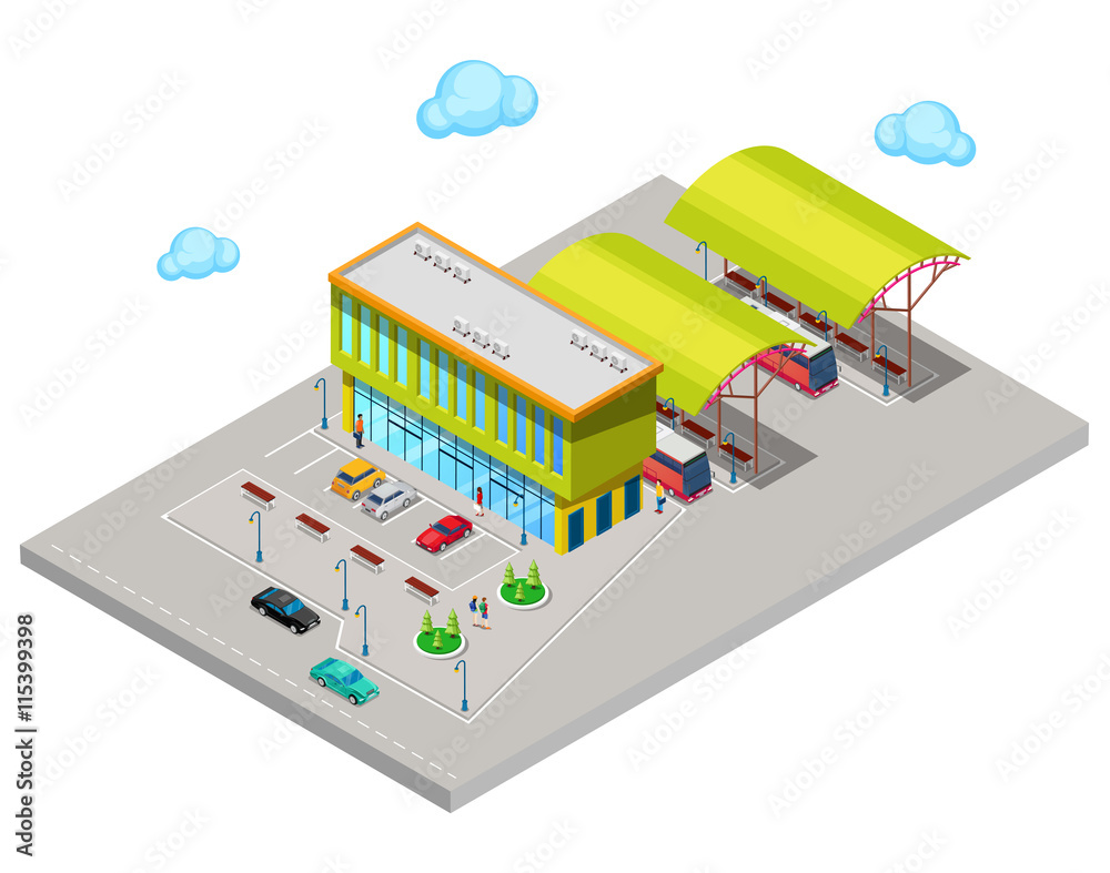 Isometric City Bus Station with Buses, Parking Area and People. Vector ...