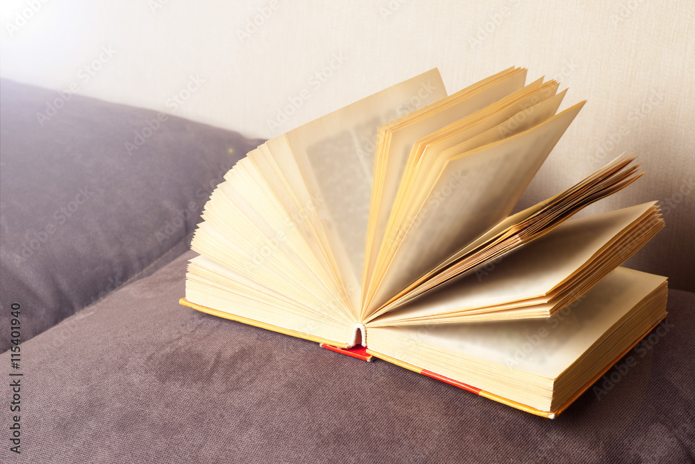 Open book on a pillow in bed. homeliness. old book. seamless texture of ...