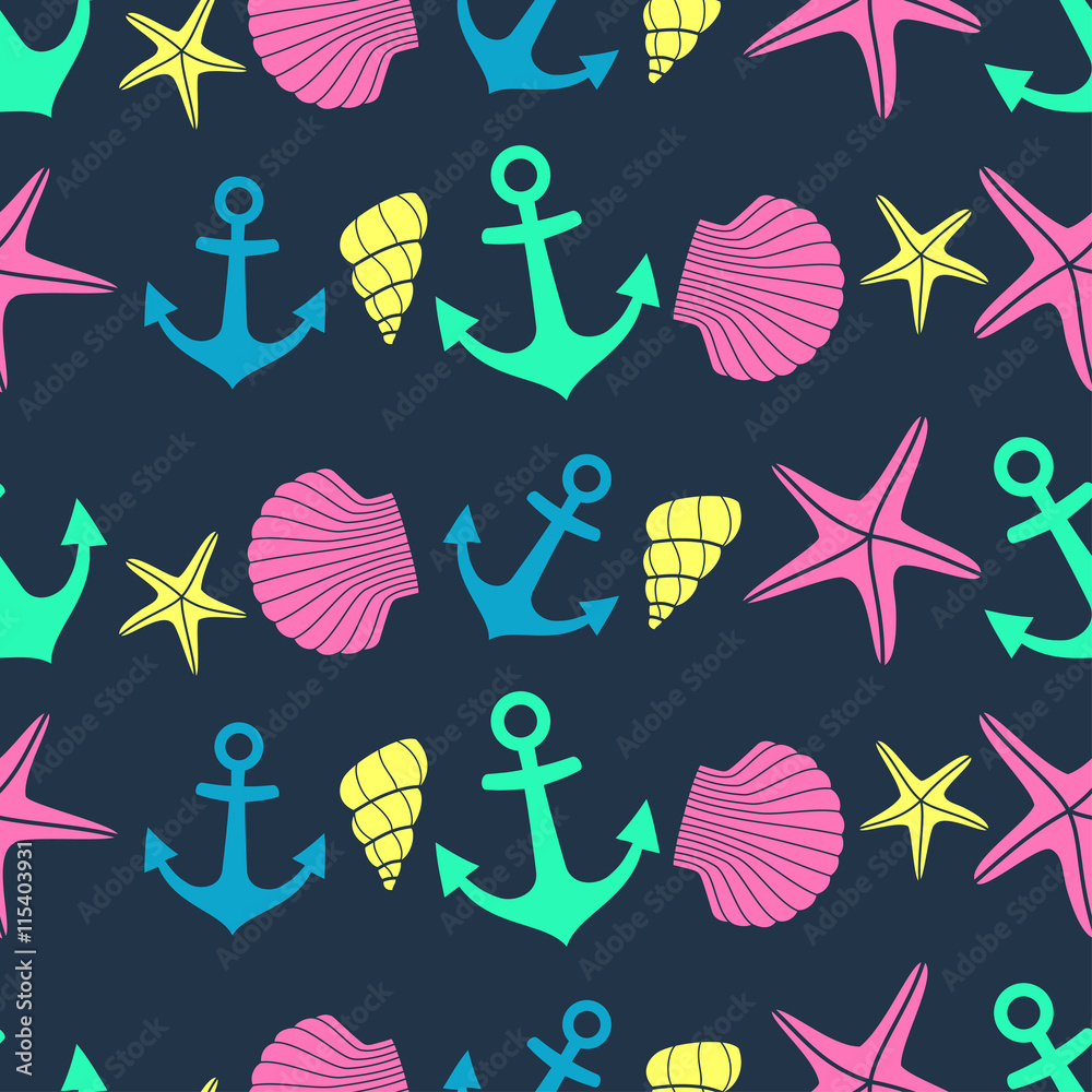Nautical seamless pattern with starfish, shell, anchor on dark ...