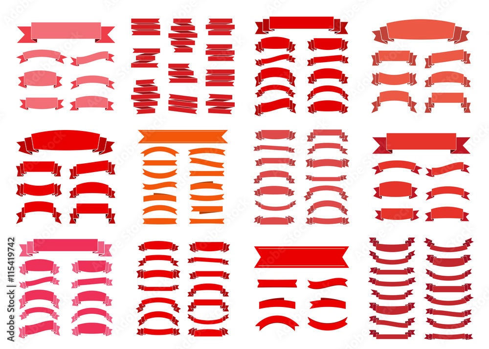Red ribbon banners set. Beautiful blank for decoration graphic. Old vintage style Flat design ...