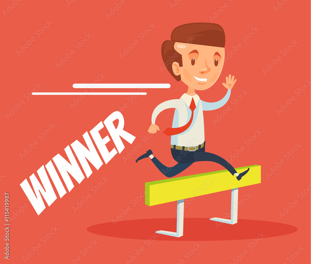 Winner businessman jumping over barriers. Vector flat cartoon ...