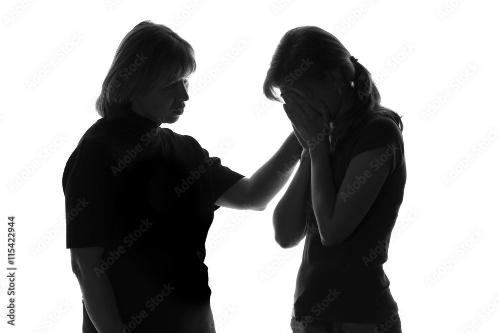 black and white silhouette of a loving mother who comforts the girl in ...