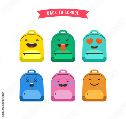 Smiley, emoticons and emoji bag, backpack colorful set of icons. Back ...