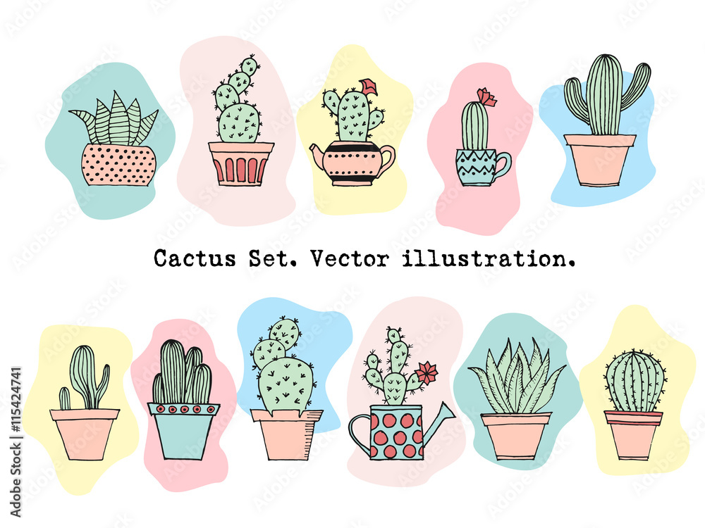 Colorful cactus set in simple hand drawn style. Cute cartoon potted ...