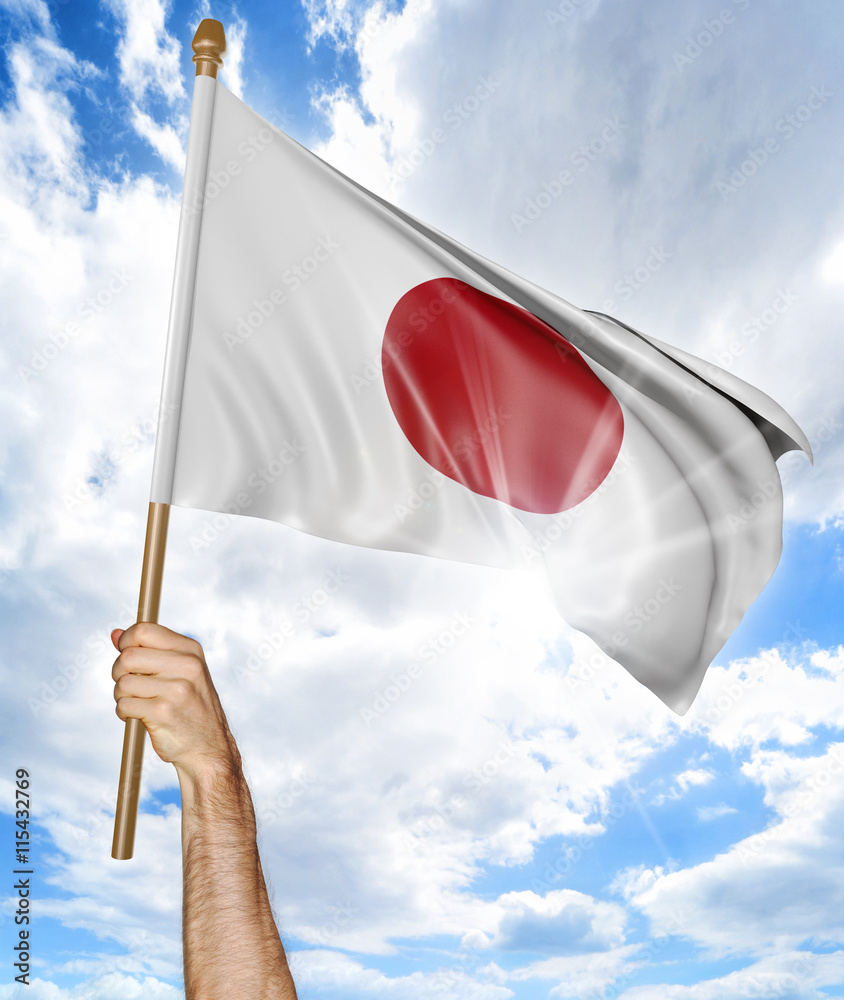 Person's hand holding the Japanese national flag and waving it in the ...