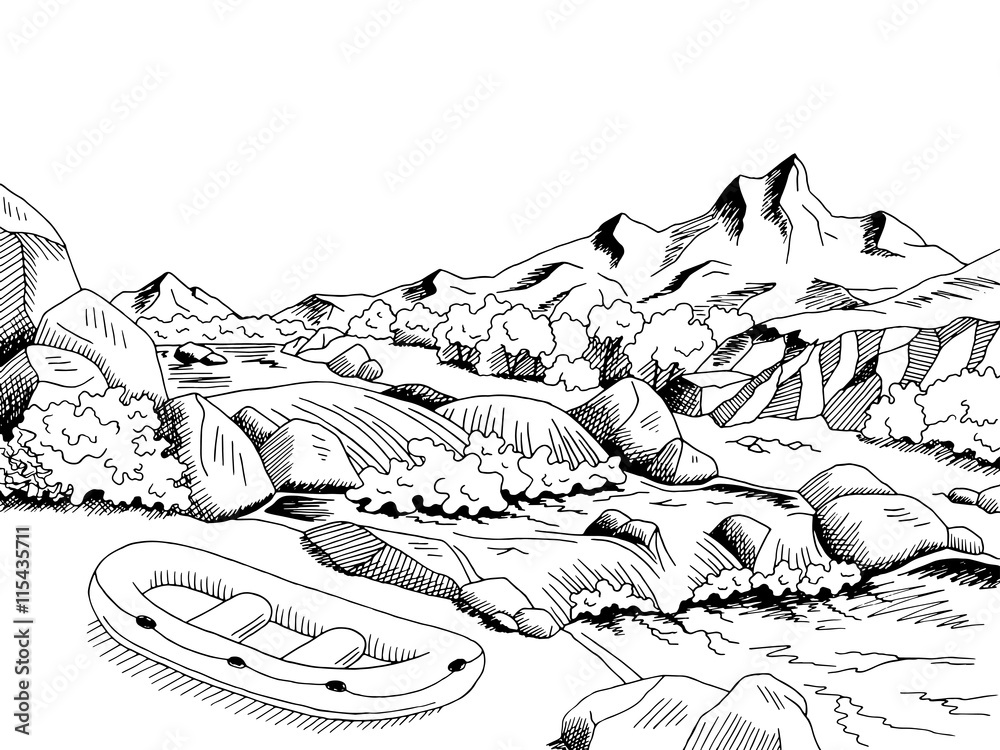 Raft river mountain boat graphic art black white landscape sketch ...