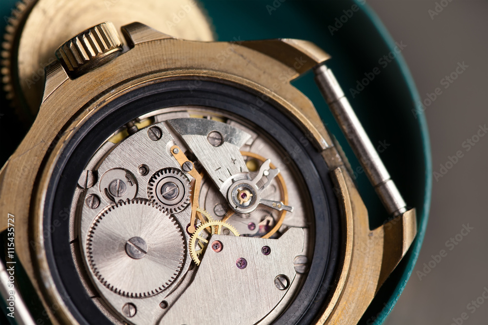 Macro view clock mechanism with gears. wristwatch details. Shallow ...