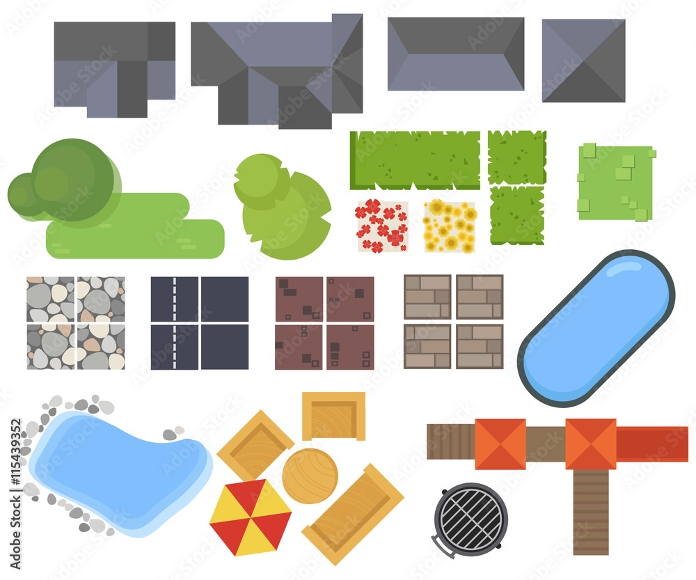 Landscape elements, top view. House, garden, tree, lake,swimming pools, bench, table ...