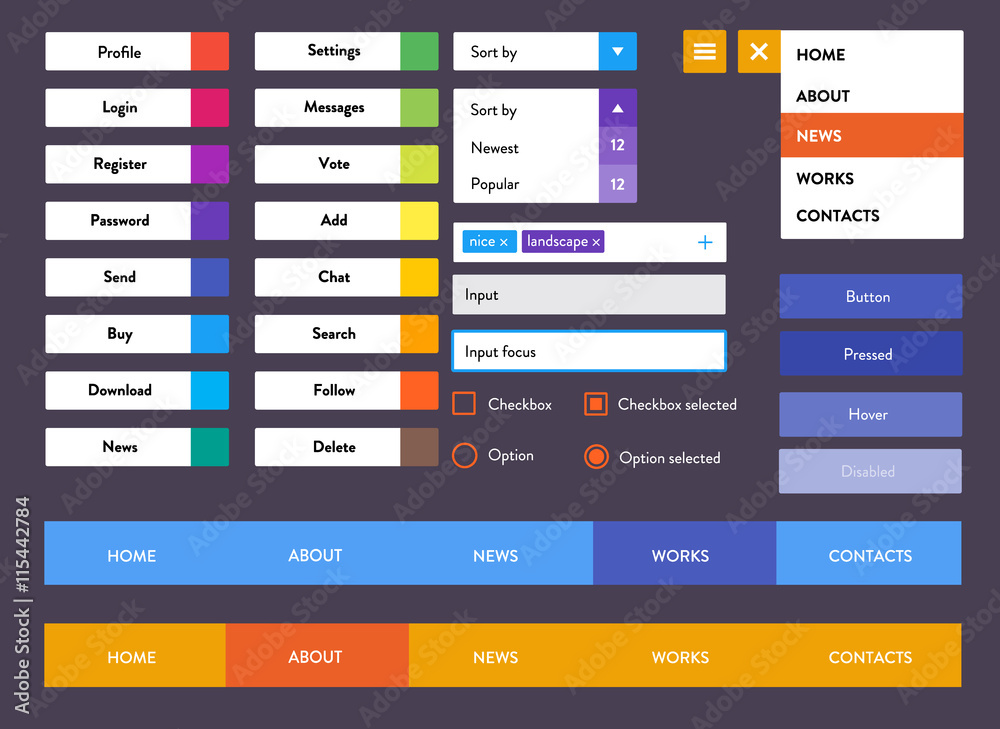 Style flat ui kit design elements for web design with drop down menu ...