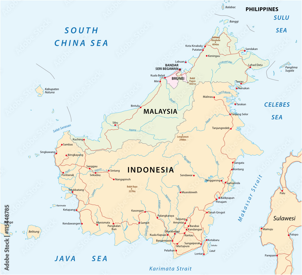 vector road map of island Borneo/ Kalimantan Stock Vector | Adobe Stock