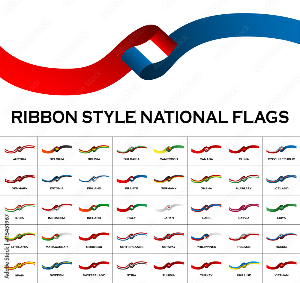 Ribbon style national flags 40 in 1 isolated on white. Vector ...